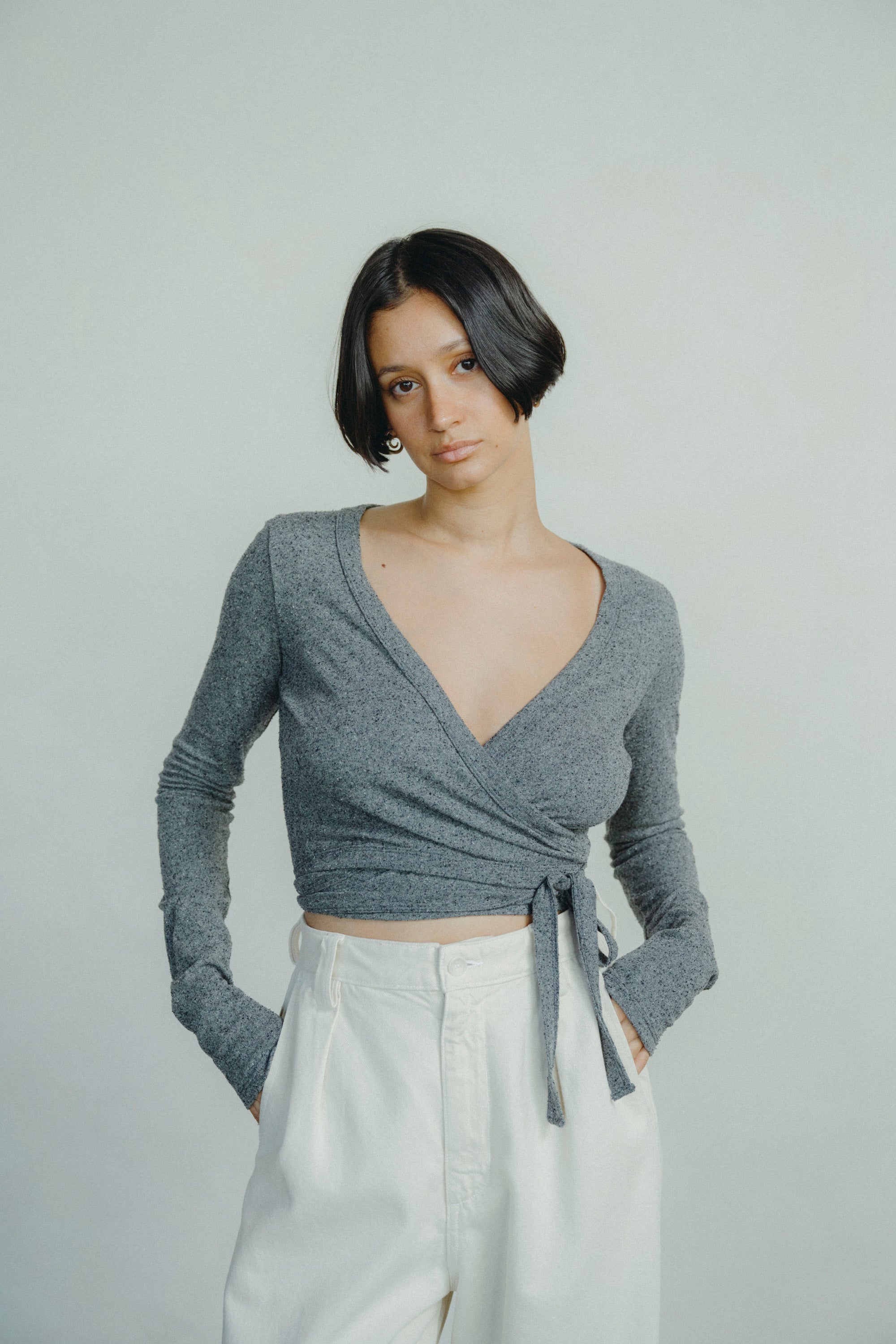 Dance Wrap Top, Regen Silk Noil Jersey, Charcoal Heather | OZMA