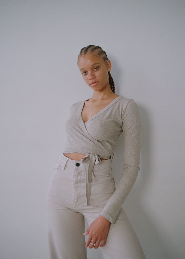 Dance Wrap Top, Regen Silk Noil Jersey, Heather Grey | OZMA